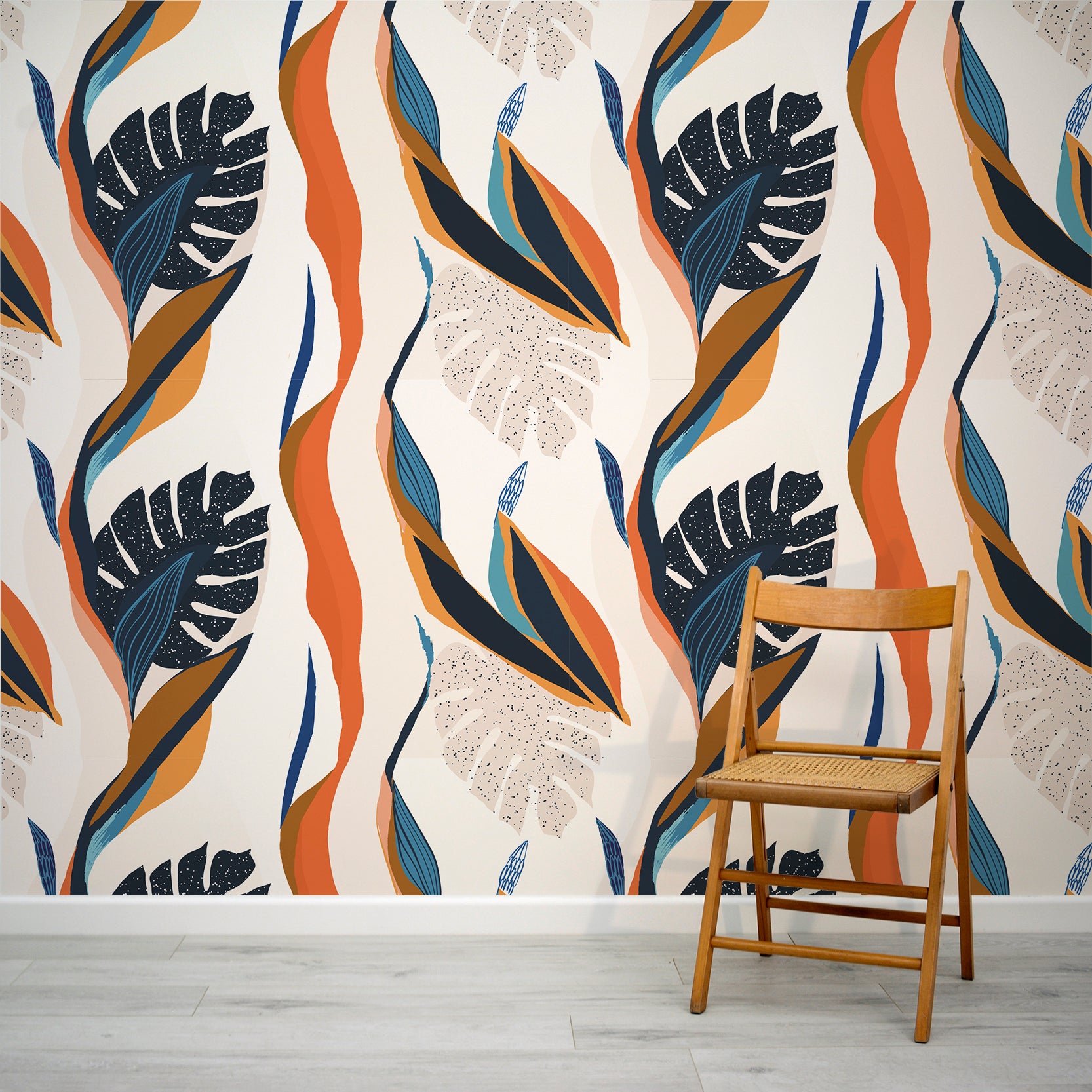 Dark Blue & Orange Tropical Leaves Wallpaper | WallpaperMural ...