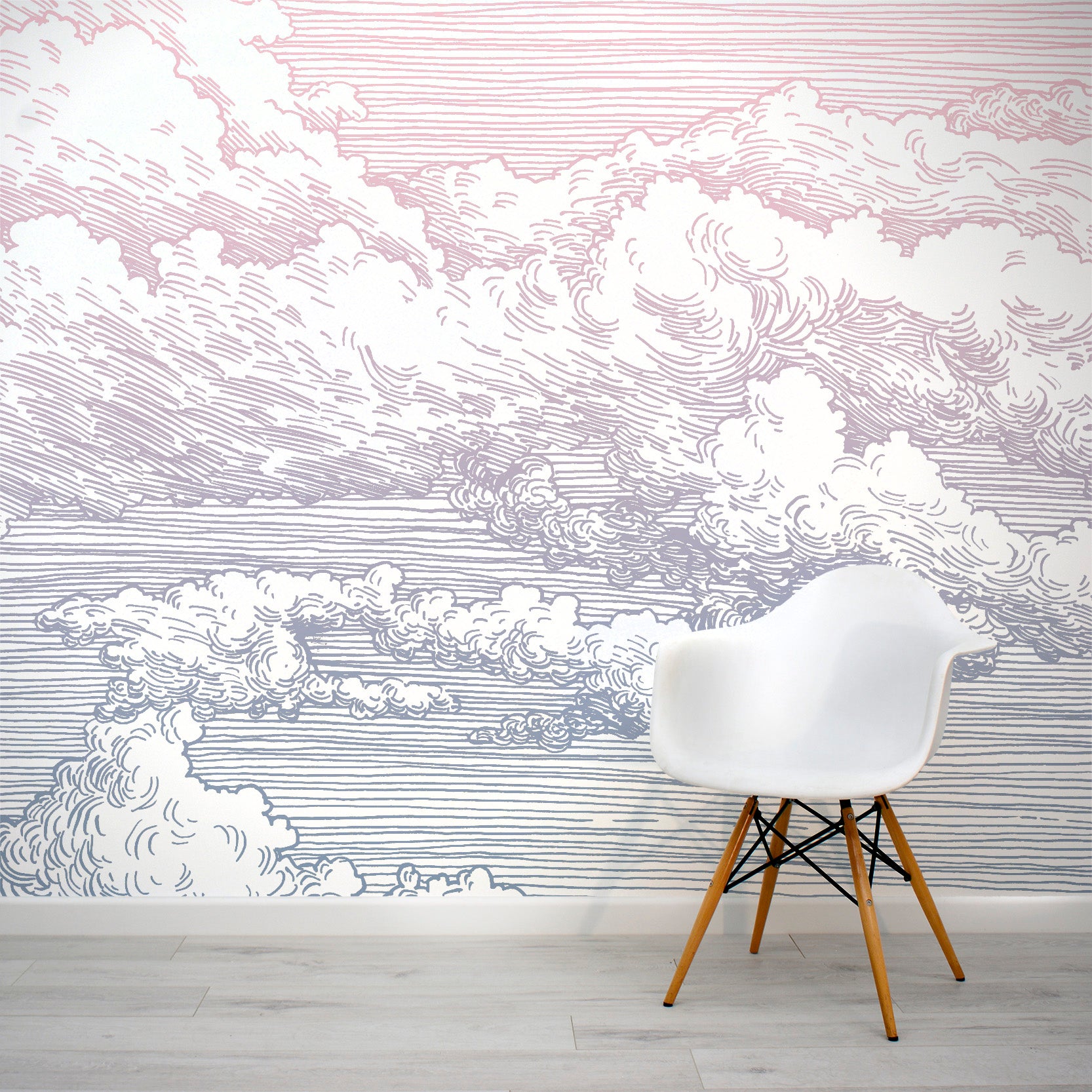 Blue & Pink Gradient Clouds Etched Line Drawing Art Wallpaper Mural ...